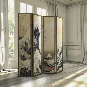 HOZUSO Room Divider 4 - Panel Folding Room Divider Single Side Japanese Ukiyoe Painting Wood Privacy Screens Foldable Portable Room Separating Room Partitions Freestanding Home Decor 71'' High