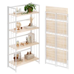 4nm no-assembly 4 tiers folding bookshelf storage shelves vintage bookcase standing racks study organizer home office - natural and white