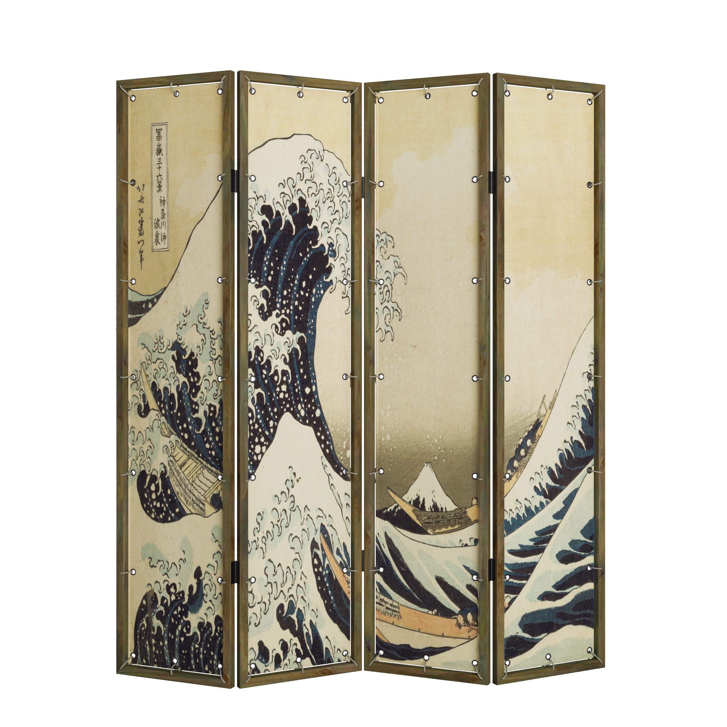 HOZUSO Room Divider 4 - Panel Folding Room Divider Single Side Japanese Ukiyoe Painting Wood Privacy Screens Foldable Portable Room Separating Room Partitions Freestanding Home Decor 71'' High