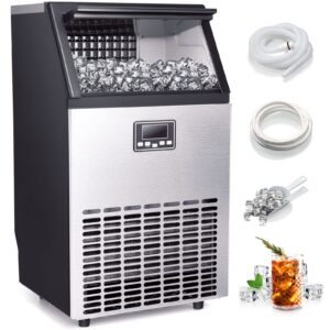 zafro commercial ice maker, 100lbs/24h ice machine with 33lbs ice bin, self-cleaning under counter stainless steel freestanding ice maker for restaurant/bar/cafe/office silver, includes scoop