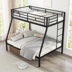 komfott metal twin over full bunk bed, heavy duty bed frame with integrated ladder, full-length guardrails for teens & adults, space-saving bunk bed for bedroom & dorm, no box spring required