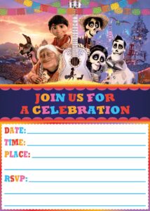 set of 20 coco -themed happy birthday invitation cards & envelopes - lightweight (240g), postcard style invites for the perfect party pack