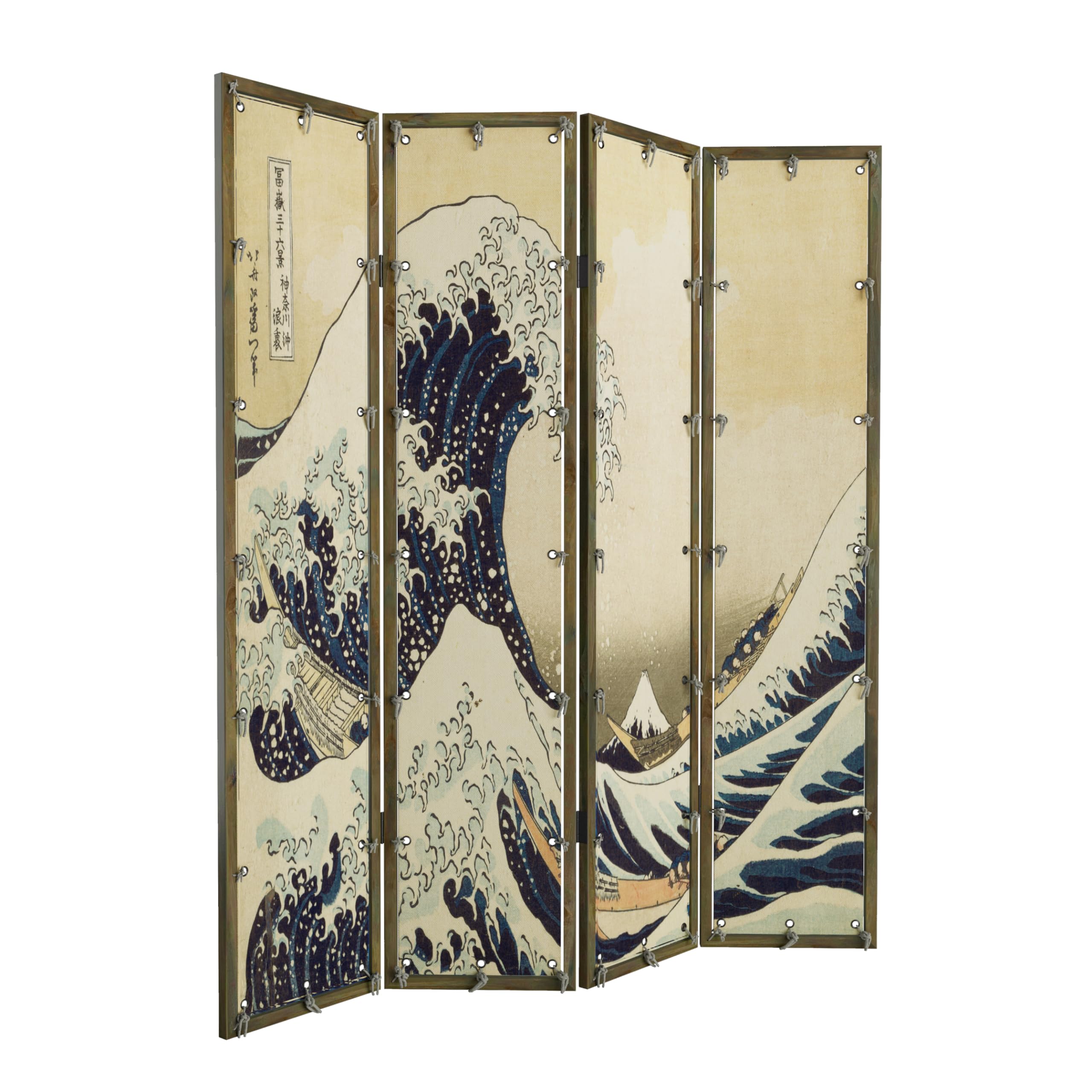 HOZUSO Room Divider 4 - Panel Folding Room Divider Single Side Japanese Ukiyoe Painting Wood Privacy Screens Foldable Portable Room Separating Room Partitions Freestanding Home Decor 71'' High