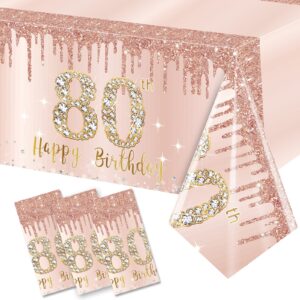 excelloon 3 pack 80th birthday tablecloth decorations for women, pink rose gold happy 80 birthday table cover party supplies, 80 year old birthday plastic disposable rectangular table cloth decor