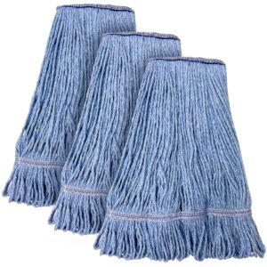 innovative haus 3 pack heavy duty blue commercial mop head replacement - synthetic cotton blend looped end string mop refill - industrial grade cleaning use wet mop heads - durable universal headband