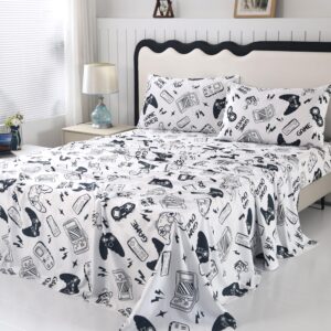 sdiii 4pcs black and white gamer bedding sheet twin for boys girls teens and kids, bed in a bag sheets set twin, video game bed sheet set on amazon, twin