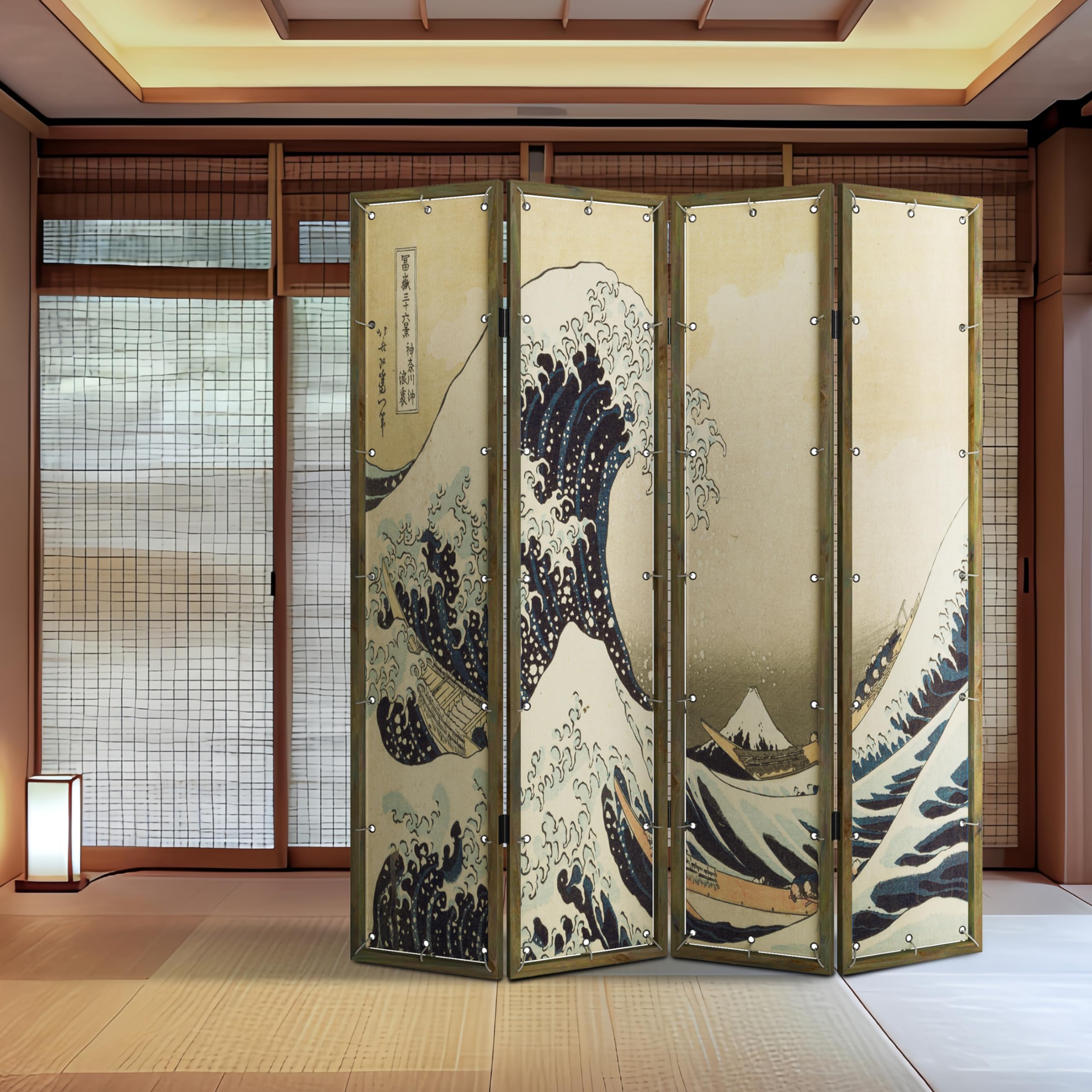 HOZUSO Room Divider 4 - Panel Folding Room Divider Single Side Japanese Ukiyoe Painting Wood Privacy Screens Foldable Portable Room Separating Room Partitions Freestanding Home Decor 71'' High