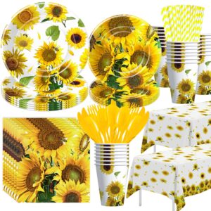 apowbls sunflower party decorations dinnerware, sunflower party supplies for birthday, baby shower, bridal shower, plate, cup, napkin, tablecloth, cutlery, straw, sunflower table decorations, serve 24