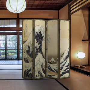 HOZUSO Room Divider 4 - Panel Folding Room Divider Single Side Japanese Ukiyoe Painting Wood Privacy Screens Foldable Portable Room Separating Room Partitions Freestanding Home Decor 71'' High