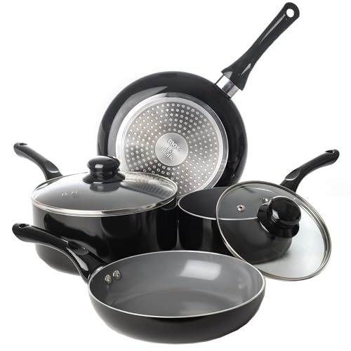 Moss & Stone 6 Piece Black Nonstick Cookware Set, Pots And Pans Set Non stick With Glass Lid, Induction Cookware, Stay Cool Handle, PTFE/PFOA, Kitchen Cookware 6-Piece with Frying Pans Set & Saucepan