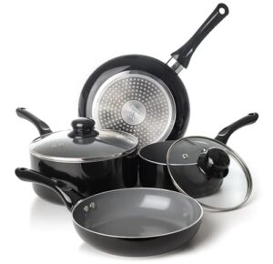 moss & stone 6 piece black nonstick cookware set, pots and pans set non stick with glass lid, induction cookware, stay cool handle, ptfe/pfoa, kitchen cookware 6-piece with frying pans set & saucepan