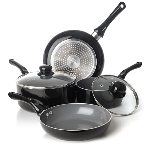 Moss & Stone 6 Piece Black Nonstick Cookware Set, Pots And Pans Set Non stick With Glass Lid, Induction Cookware, Stay Cool Handle, PTFE/PFOA, Kitchen Cookware 6-Piece with Frying Pans Set & Saucepan