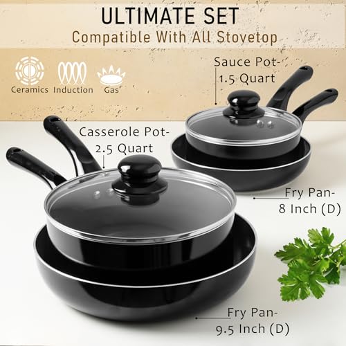 Moss & Stone 6 Piece Black Nonstick Cookware Set, Pots And Pans Set Non stick With Glass Lid, Induction Cookware, Stay Cool Handle, PTFE/PFOA, Kitchen Cookware 6-Piece with Frying Pans Set & Saucepan