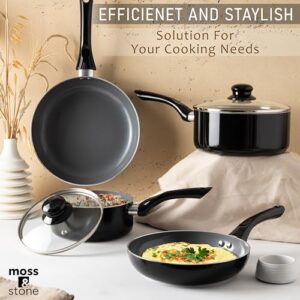 Moss & Stone 6 Piece Black Nonstick Cookware Set, Pots And Pans Set Non stick With Glass Lid, Induction Cookware, Stay Cool Handle, PTFE/PFOA, Kitchen Cookware 6-Piece with Frying Pans Set & Saucepan