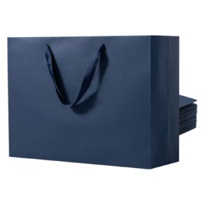 katfort large navy blue gift bag with handles 12 pack, 16''×6''×12'' extra large gift bag with ribbon handles, reusable heavy duty kraft paper bags bulk for shopping, wedding, party, gift, retail