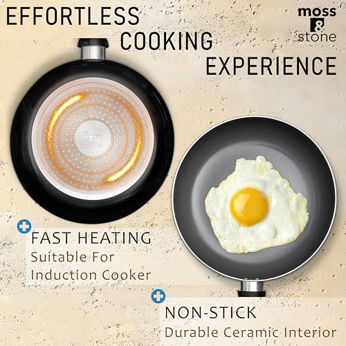 Moss & Stone 6 Piece Black Nonstick Cookware Set, Pots And Pans Set Non stick With Glass Lid, Induction Cookware, Stay Cool Handle, PTFE/PFOA, Kitchen Cookware 6-Piece with Frying Pans Set & Saucepan