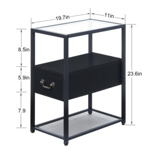 VECELO Tall End Side Tables Living Room Modern Narrow Nightstand with Drawer and Shelf for Bedroom Office,Tempered Glass, Black