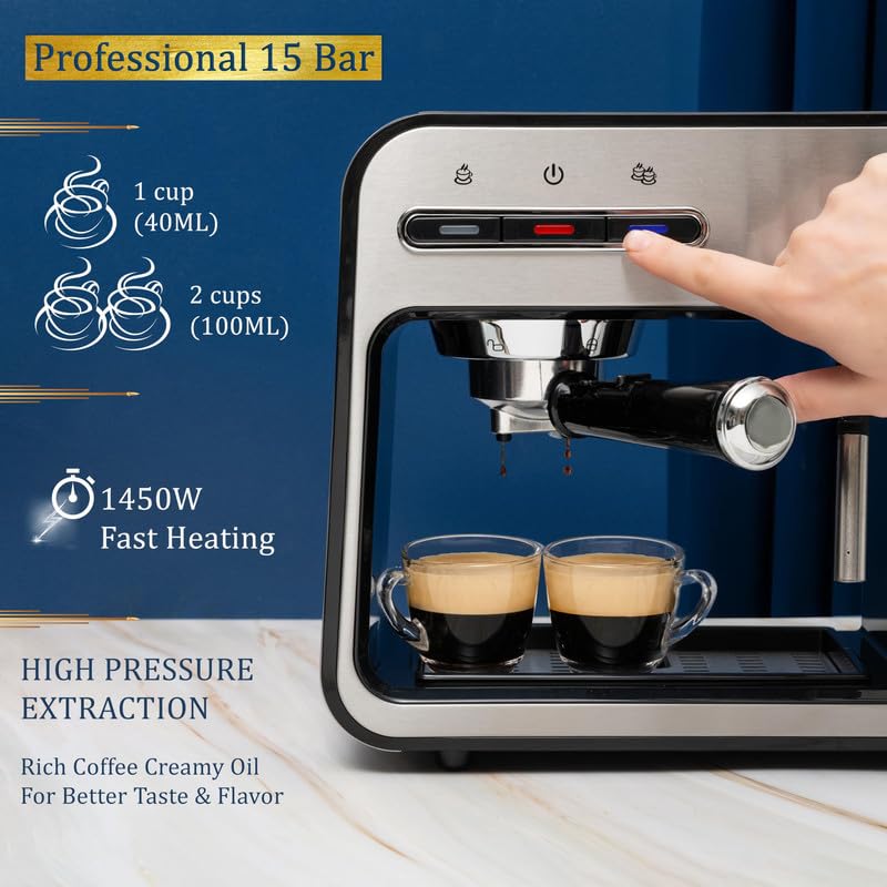 Mixpresso Professional Espresso Machine for Home 15 Bar with Milk Frother Steam Wand, Espresso Maker with Double-Cup Splitter, 1450w Fast Heating Cappuccino & Latte machine 37Oz Water Tank