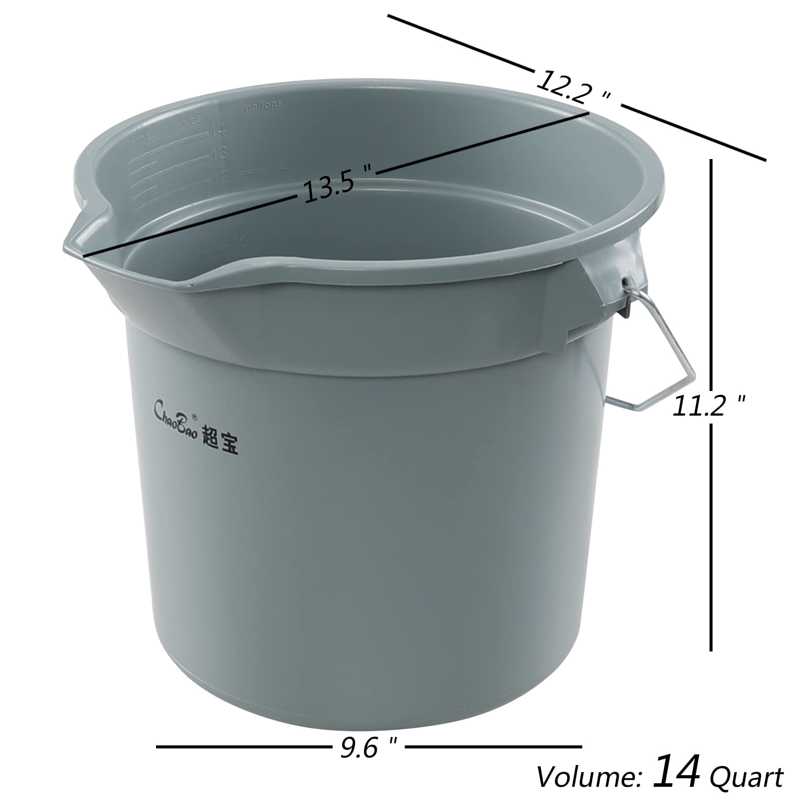 Doryh 14 Quart Round Water Bucket with Grip Handle, 4 Pack Plastic Commercial Cleaning Pail, Grey