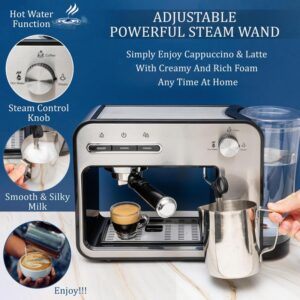 Mixpresso Professional Espresso Machine for Home 15 Bar with Milk Frother Steam Wand, Espresso Maker with Double-Cup Splitter, 1450w Fast Heating Cappuccino & Latte machine 37Oz Water Tank