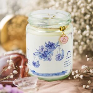 ZINCGE Libra Gifts for Women, Libra Candle, Zodiac Crystal Candle Gifts, Astrology Birthday Gifts Natural Soy Violets Scented Candle with Flowers and Lazurite Spirit Gifts for Mom Sister Friends