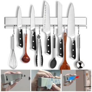 yiiyiin 17" premium 304 stainless steel double-sided magnetic knife holder for wall or fridge -with adhesive strip, no drill - 12 hooks included for kitchen utensils