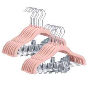 mangotree 11.8'' baby velvet hangers with movable clips, non-slip kids clothes hangers, ultra-thin space-saving children's felt hangers for shirts, pants, dresses, skirts, jackets (16 pack, pink)