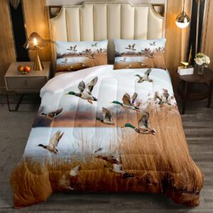 erosebridal mallard duck duvet insert duck hunting themed comforter set for kids teens adults mallard duck bird printed bedding set rustic natural lake scenery quilt with 2 pillowcases,queen size