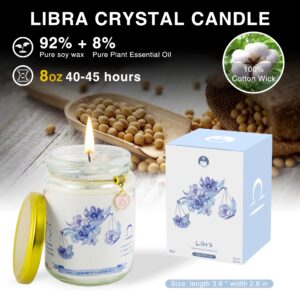 ZINCGE Libra Gifts for Women, Libra Candle, Zodiac Crystal Candle Gifts, Astrology Birthday Gifts Natural Soy Violets Scented Candle with Flowers and Lazurite Spirit Gifts for Mom Sister Friends