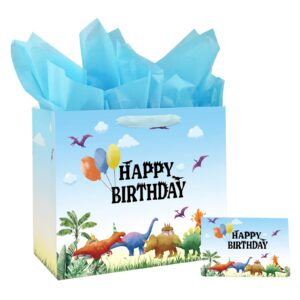 13" large watercolor dinosaur birthday gift bag for boy kids with card and tissue papers