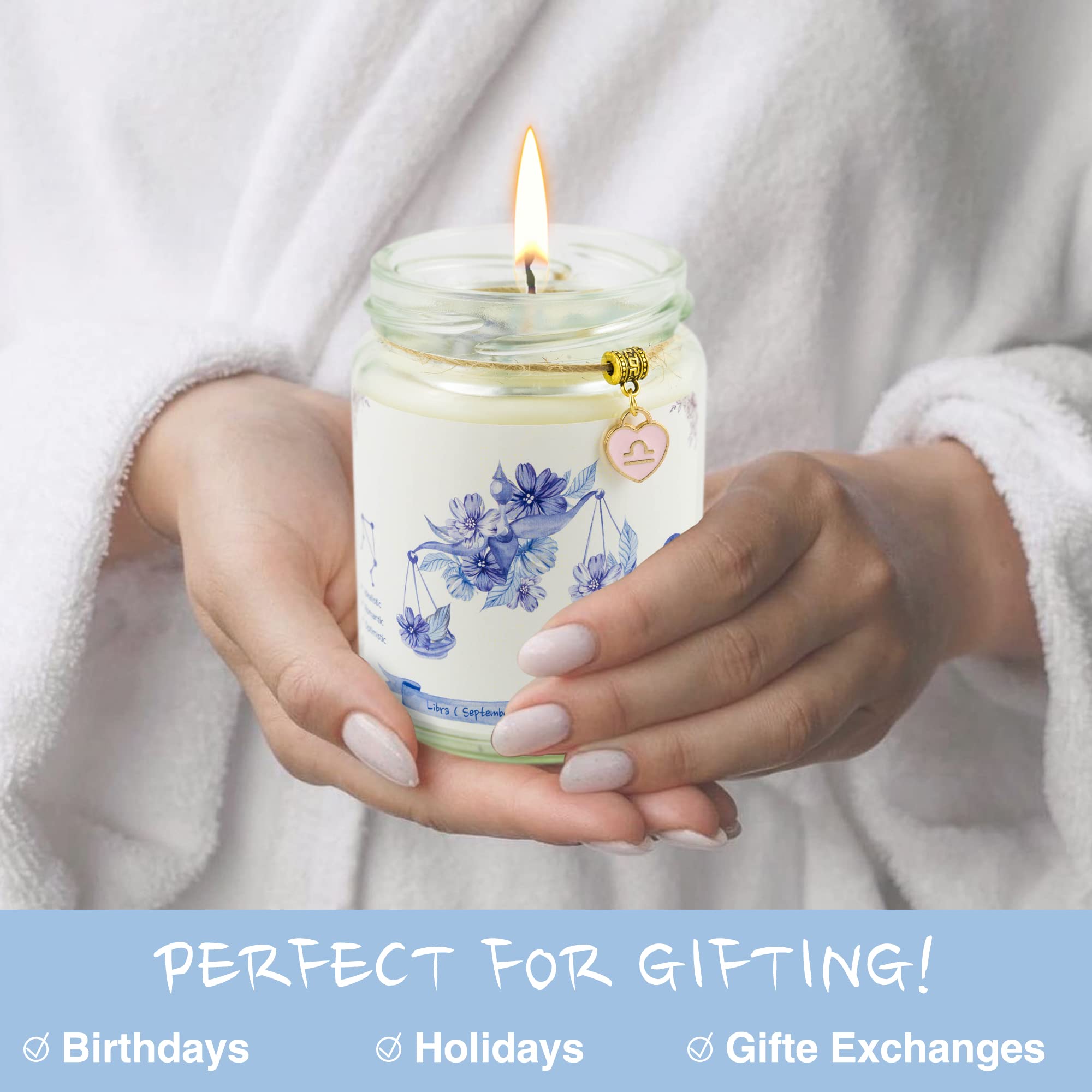 ZINCGE Libra Gifts for Women, Libra Candle, Zodiac Crystal Candle Gifts, Astrology Birthday Gifts Natural Soy Violets Scented Candle with Flowers and Lazurite Spirit Gifts for Mom Sister Friends