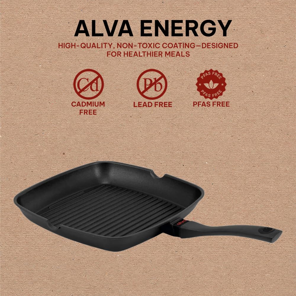 Alva Energy Ceramic Coated Cast Aluminum Grill Pan Non Toxic Indoor Grill Griddle 11" PFAS, PFOA & PFTE Free, Griddle for Cooking Pan Set, Induction Safe, Add to Your Pots and Pans Set Cookware