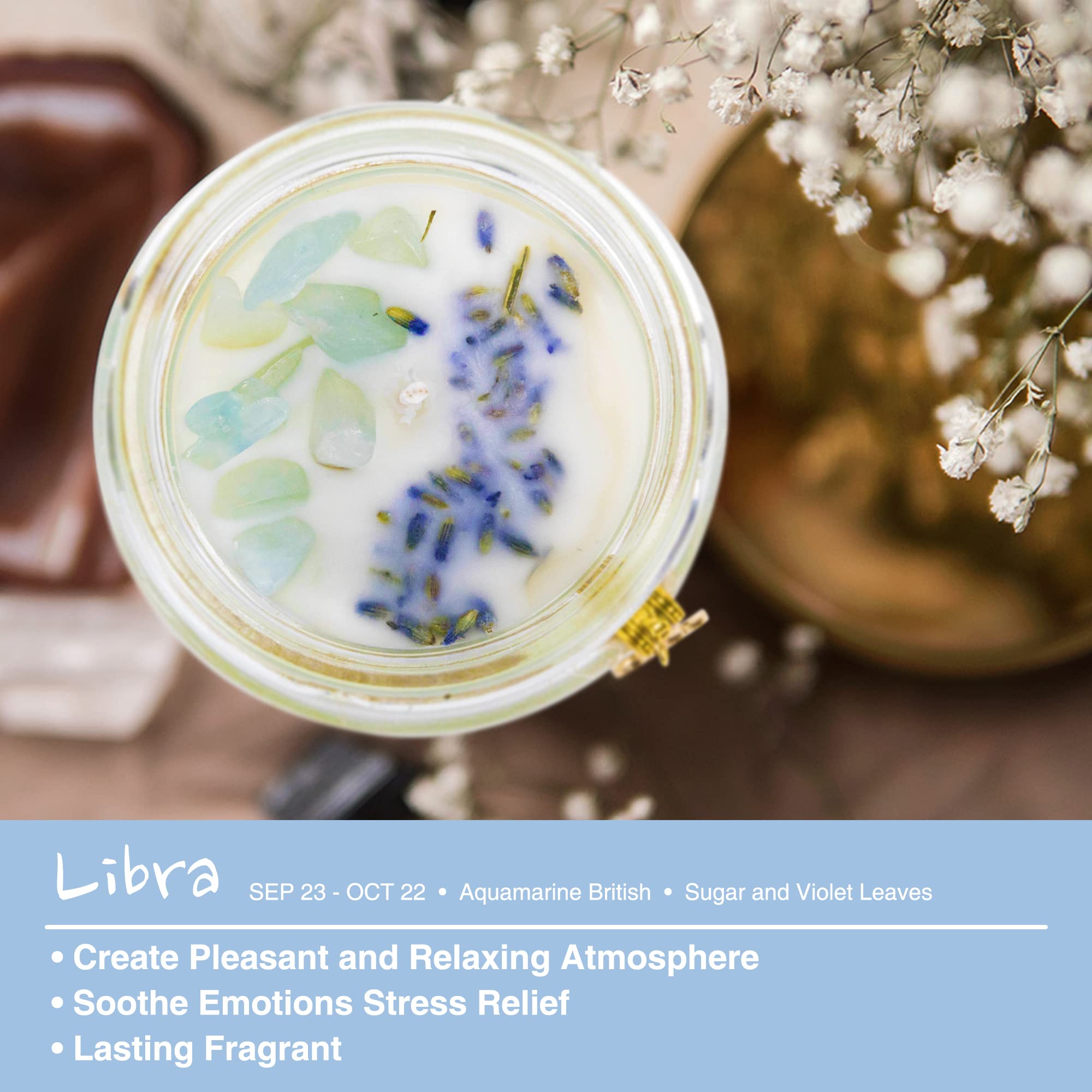 ZINCGE Libra Gifts for Women, Libra Candle, Zodiac Crystal Candle Gifts, Astrology Birthday Gifts Natural Soy Violets Scented Candle with Flowers and Lazurite Spirit Gifts for Mom Sister Friends