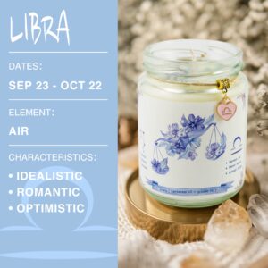 ZINCGE Libra Gifts for Women, Libra Candle, Zodiac Crystal Candle Gifts, Astrology Birthday Gifts Natural Soy Violets Scented Candle with Flowers and Lazurite Spirit Gifts for Mom Sister Friends