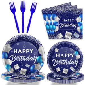 wiooffen blue birthday party tableware set for 24 guests navy blue and silver happy birthday party decorations for men women birthday paper plates napkins and forks 96 pieces