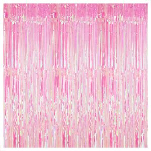 katchon, xtralarge pink iridescent fringe curtain - 3.2x8 feet | iridescent backdrop for iridescent party decorations | pink birthday decorations | pink fringe backdrop for pink party decorations