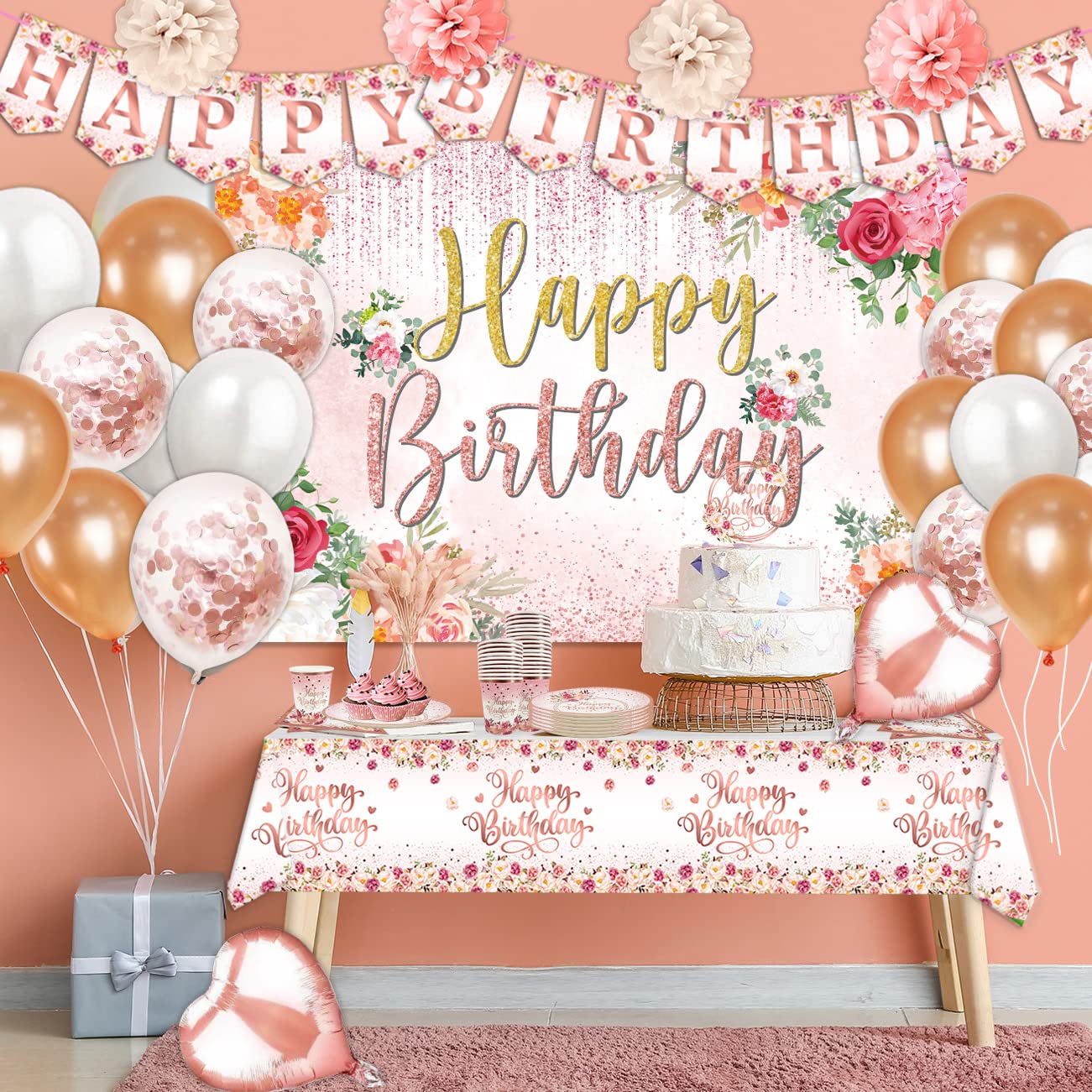 Haimimall 110 Pcs Boho Birthday Party Decorations Backdrop Pink Rose Gold Floral Balloons Happy Birthday Banner Tableware Set Include Plates Cups Cake Topper and Tablecloth for Baby Shower Girl Women