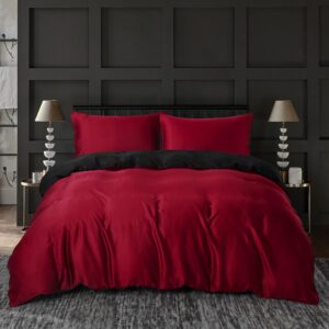 softbear 100% organic eucalyptus tencel lyocell super soft duvet cover king size set 3pc - cooling lyocell bedsheets - with zipper closure & 4 corner tie - solid reversible color in royal red-black