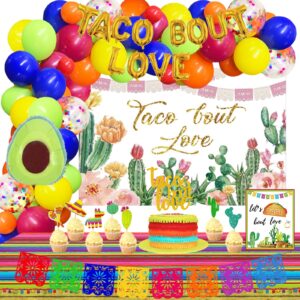 fiesec taco bout love decorations, mexican themed engagement bridal shower bachelorette decorations backdrop balloon garland banner tablecloth cake cupcake topper poster taco ring