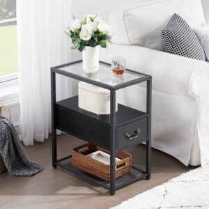 VECELO Tall End Side Tables Living Room Modern Narrow Nightstand with Drawer and Shelf for Bedroom Office,Tempered Glass, Black