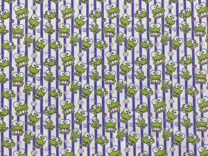 amornphan 44 inch green keroro happy frog cartoon purple stripes printed on white cotton fabric themed pattern with frogs for craft decorative kid patchwork handmade sewing crafting for 1 yard