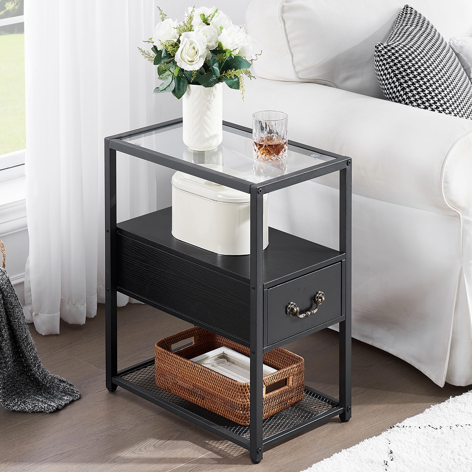 VECELO Tall End Side Tables Living Room Modern Narrow Nightstand with Drawer and Shelf for Bedroom Office,Tempered Glass, Black