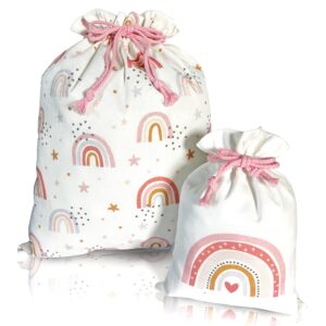 gather & knot drawstring gift bags | 20" large 12" small | premium canvas | reusable fabric wrap for baby shower or girl birthday | rainbow