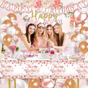 Haimimall 110 Pcs Boho Birthday Party Decorations Backdrop Pink Rose Gold Floral Balloons Happy Birthday Banner Tableware Set Include Plates Cups Cake Topper and Tablecloth for Baby Shower Girl Women