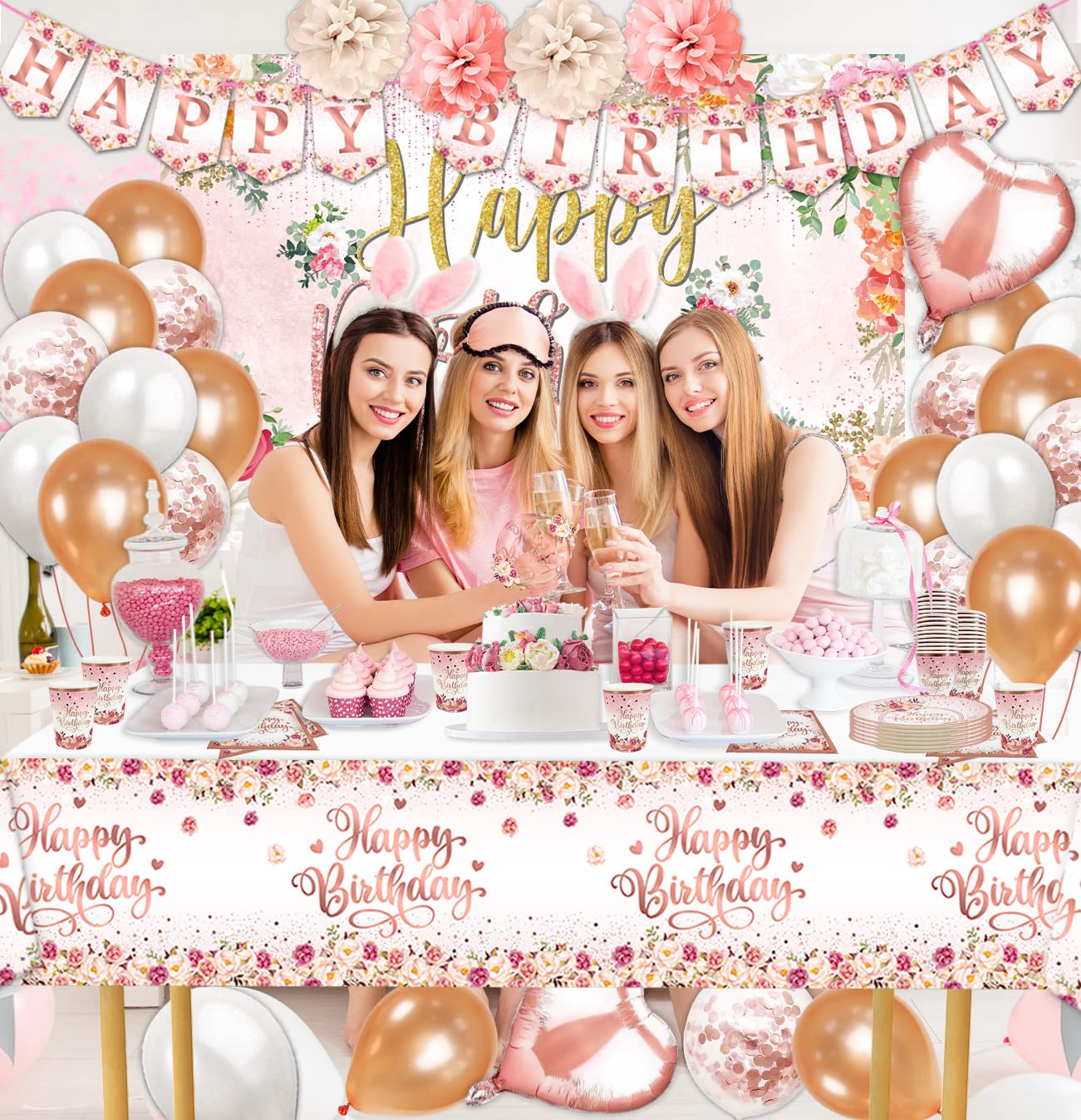 Haimimall 110 Pcs Boho Birthday Party Decorations Backdrop Pink Rose Gold Floral Balloons Happy Birthday Banner Tableware Set Include Plates Cups Cake Topper and Tablecloth for Baby Shower Girl Women