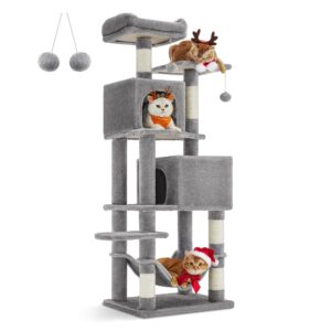 feandrea cat tree, 61-inch cat tower for indoor cats, plush multi-level cat condo with 5 scratching posts, 2 perches, 2 caves, hammock, 2 pompoms, light gray upct192w01