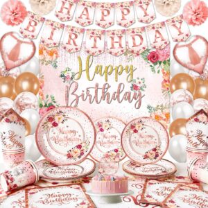 Haimimall 110 Pcs Boho Birthday Party Decorations Backdrop Pink Rose Gold Floral Balloons Happy Birthday Banner Tableware Set Include Plates Cups Cake Topper and Tablecloth for Baby Shower Girl Women