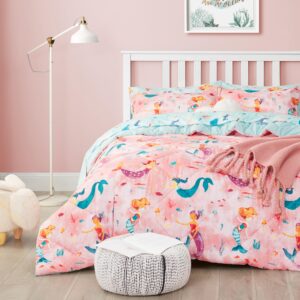 umchord pink mermaid kids bedding set for girls, twin size 5 pieces bed in a bag, super soft lightweight microfiber comforter set with sheets, hotel quality durable children bed set