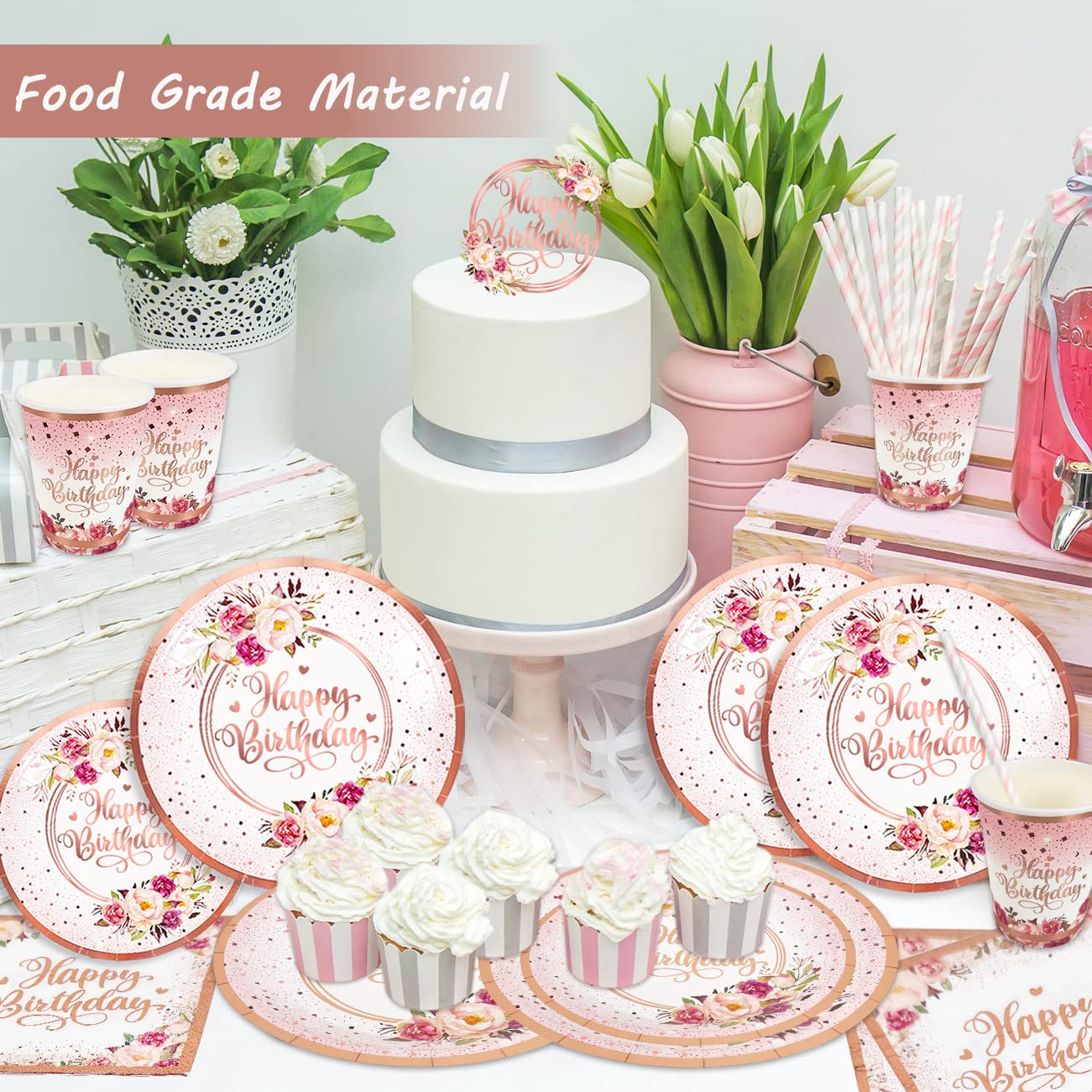 Haimimall 110 Pcs Boho Birthday Party Decorations Backdrop Pink Rose Gold Floral Balloons Happy Birthday Banner Tableware Set Include Plates Cups Cake Topper and Tablecloth for Baby Shower Girl Women