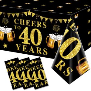 turypaty 3 pack black gold 40th birthday tablecloth decorations for men women, cheers to 40 years table cover party supplies, forty years old birthday anniversary disposable rectangular table ware